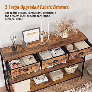 Furologee Long 47" Console Sofa Table with 3 Drawers, Entryway Table with 3-Tier Storage Shelves, Industrial Display Shelf for Entry Way, Hallway, Couch, Living Room, Kitchen, Foyer, Rustic Brown