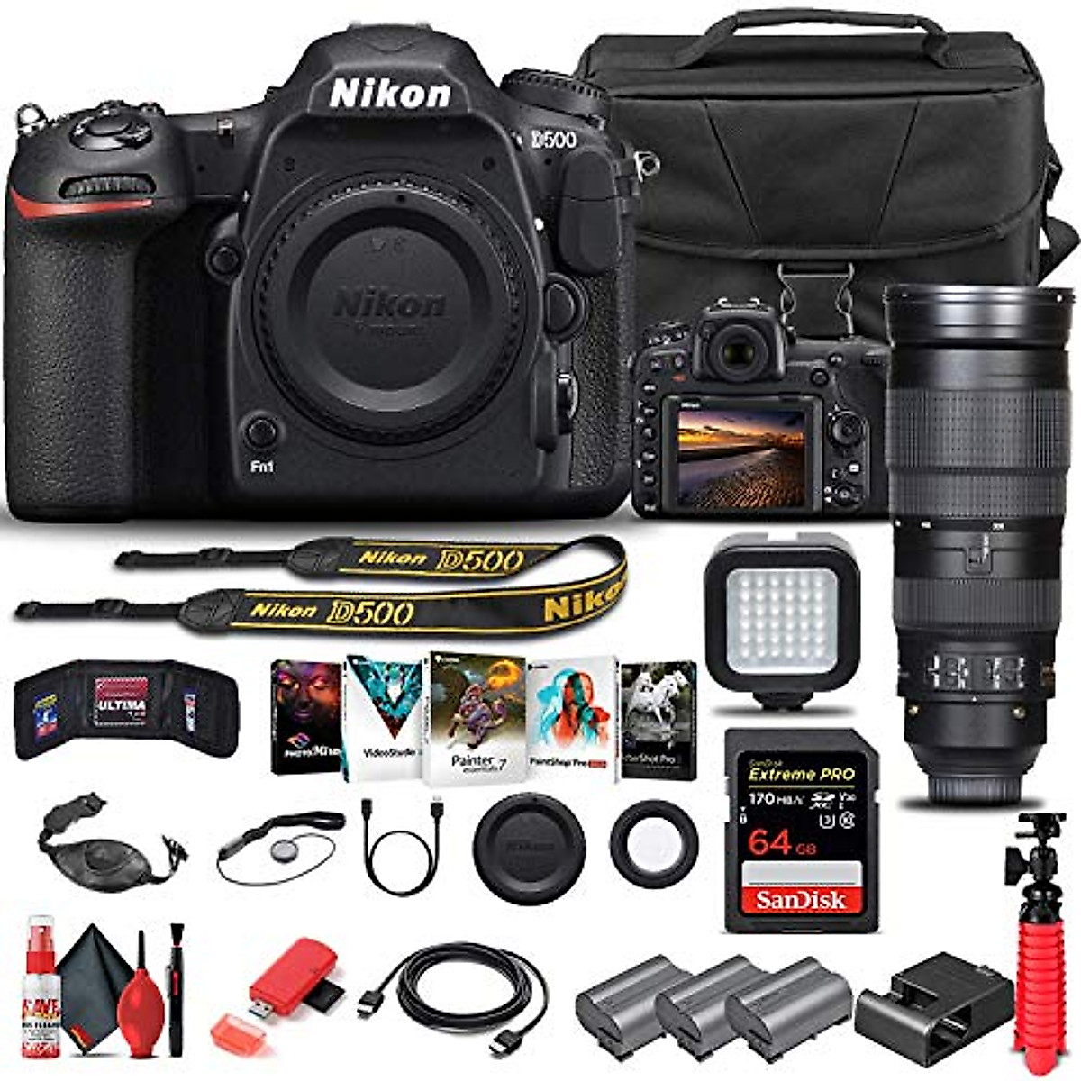 Nikon D500 DSLR Camera (Body Only) (1559) + Nikon 200-500mm Lens + 64GB Memory Card + Case + Corel Photo Software + 2 x EN-EL 15 Battery + Card Reader + LED Light + HDMI Cable + More (Renewed)