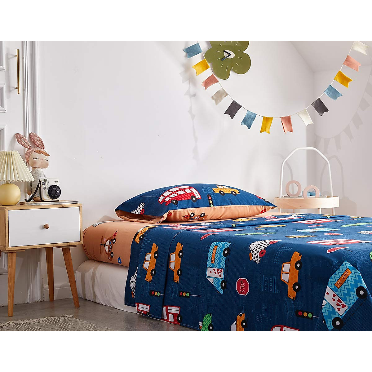 UOZZI BEDDING Queen Sheet Set for Boys Kids Teens Cute 4 Pieces Microfiber Navy Bedding Set with Green Red Orange Blue Cars Bus Colorful Traffic Style