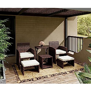 Esmlada 6 Piece Patio Furniture Conversation Set with Ottoman, Outdoor Brown Wicker Chair and Table Set with Beige Cushion, Balcony Furniture for Apartments. (Brown)