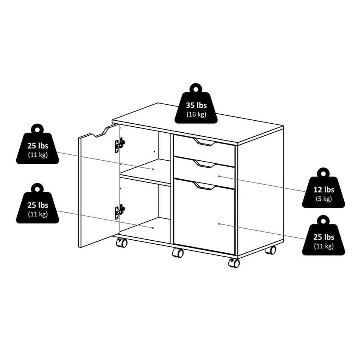 Winsome Halifax Storage Mobile Cabinets, 1 Large Door, 3 Drawers, for Home Office, Black