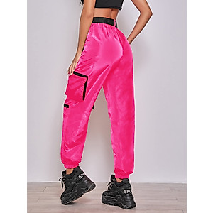 MakeMeChic Women's Casual Plain Mid Waist Utility Cargo Pants Jogger Pants with Belt Hot Pink XL