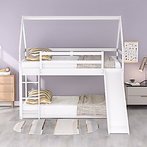 DreamBuck House Bunk Bed with Slide, Solid Wood Low Bunk Bed Twin Over Twin with Roof and Safety Guardrail, Twin Floor Bunk Bed for Kids Teens Girls Boys, No Box Spring Needed, White