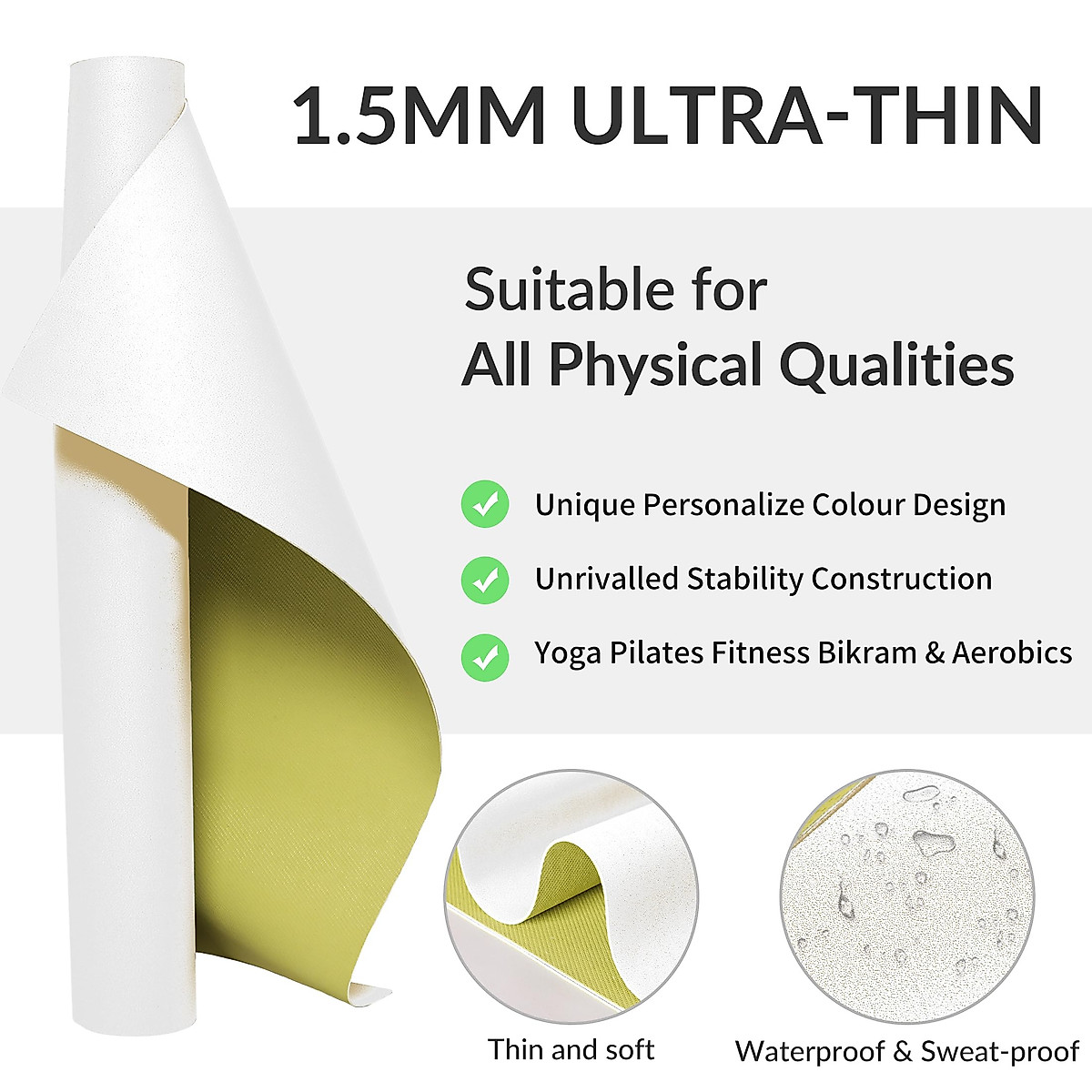 Cifupy Yoga Mat PU Travel Yoga Mat, Non Slip Exercise Mat with Carry Bag, All-Purpose Fitness Mat with High Density Anti-Tear Surface for Women, Ideal for Pilates Workout (72'' x 26'' x 1.5/5mm Thick)