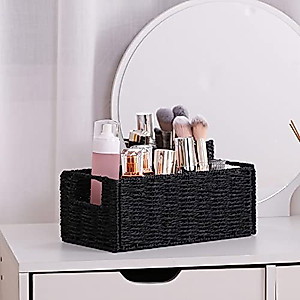 Small Wicker Storage Baskets, Vagusicc Hand-Woven Paper Rope Storage Organizer Baskets Bins (Set of 2), Toilet Paper Small Wicker Baskets with Handles for Organizing Toilet Shelves Pantry, Black