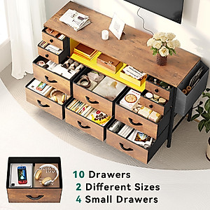 YITAHOME TV Stand with Charging Station, Dresser TV Stand for 55'' TV, 10 Drawer Dresser for Bedroom, Media TV Console Table with Side Pockets & Hooks, Storage Fabric Drawer Unit for Bedroom, Wood