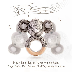 Wooden Baby Rattle Crochet Elephant and Wooden Rattle Baby Toys Set 2pcs Handmade Newborn Toy Early Development Grips Stuffed Animal Organic Rattle (Elephant Set)