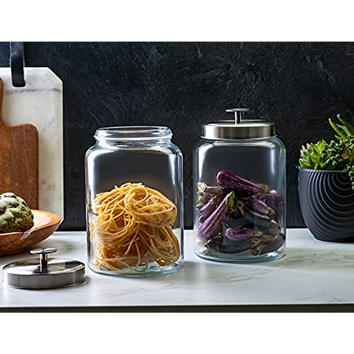 KooK Glass Large Kitchen Canister Set, Food Storage Containers, Bathroom Jars, Airtight Lids, 3.7 Liters.98 gallons, Set of 2 (Stainless Steel)