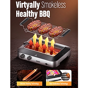 SINOPUREN Electric Grill TG101, Indoor BBQ Rotisserie, with Adjustable Temperature Control, Removable Grill & Griddle Nonstick Plates, 1600w Fast Heat Up, Stainless Steel, Dishwasher Safe