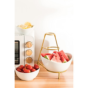 LAUCHUH 3 Tier Serving Stand, Pocerlain Oval Bowl Set with Stand Ceramic Fruit Bowl with Rack for Dessert, Appetizer, Candy Chip Dip, Vegetable, Gold