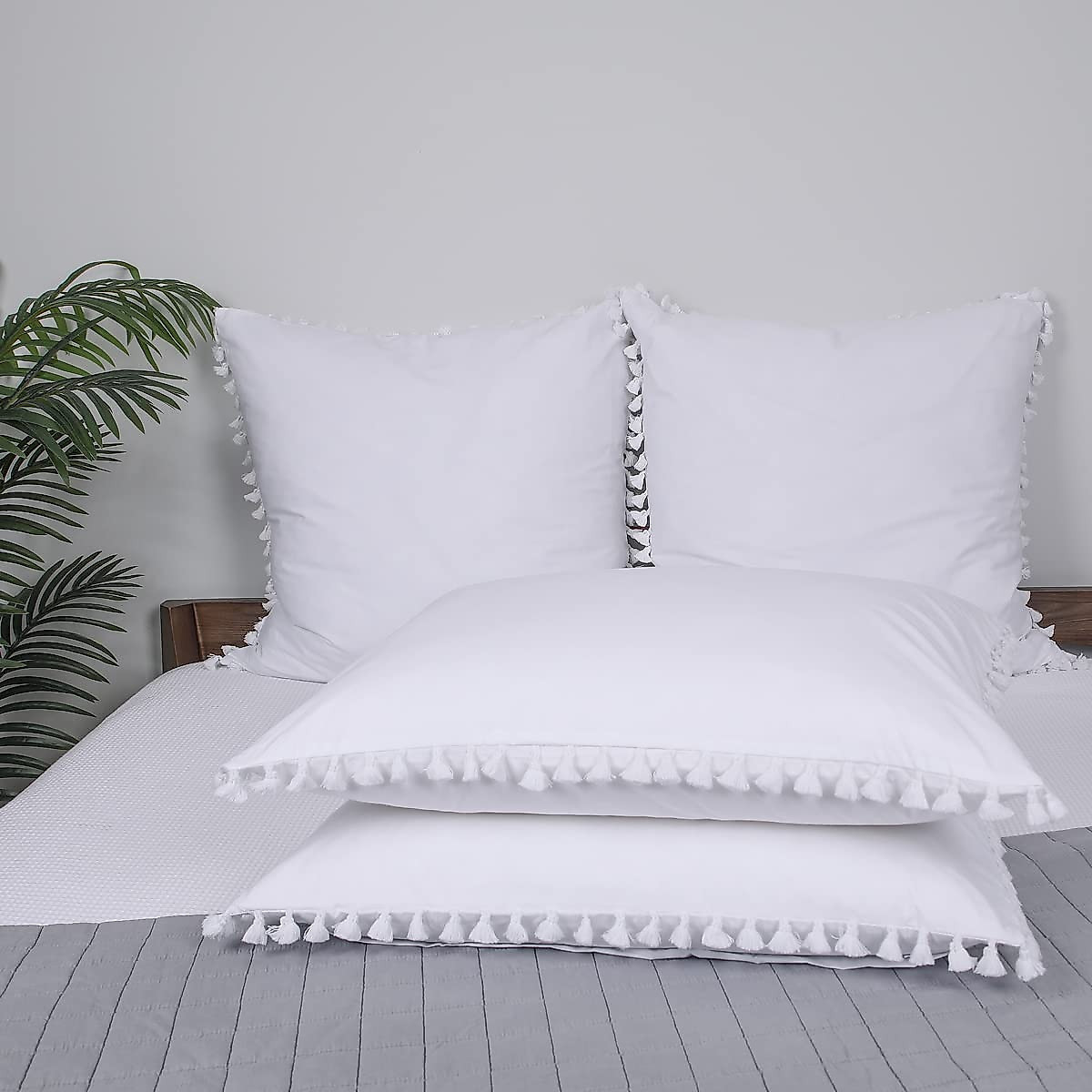 Boho Pillow Shams Set of 2 20x26 White Cotton with Hand-Made Tassel Zipper Closure for Bohemian Countryside Farmhouse Standard Size by JNG Kraftlab