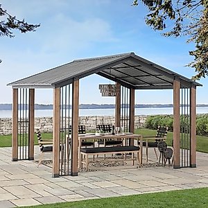 Sunjoy 11 x 13 ft. Hardtop Gazebo Outdoor Cedar Frame Wood Gazebo with Black Steel Hardtop Roof for Patio, Garden, Backyard, and Lawn Activities by SummerCove