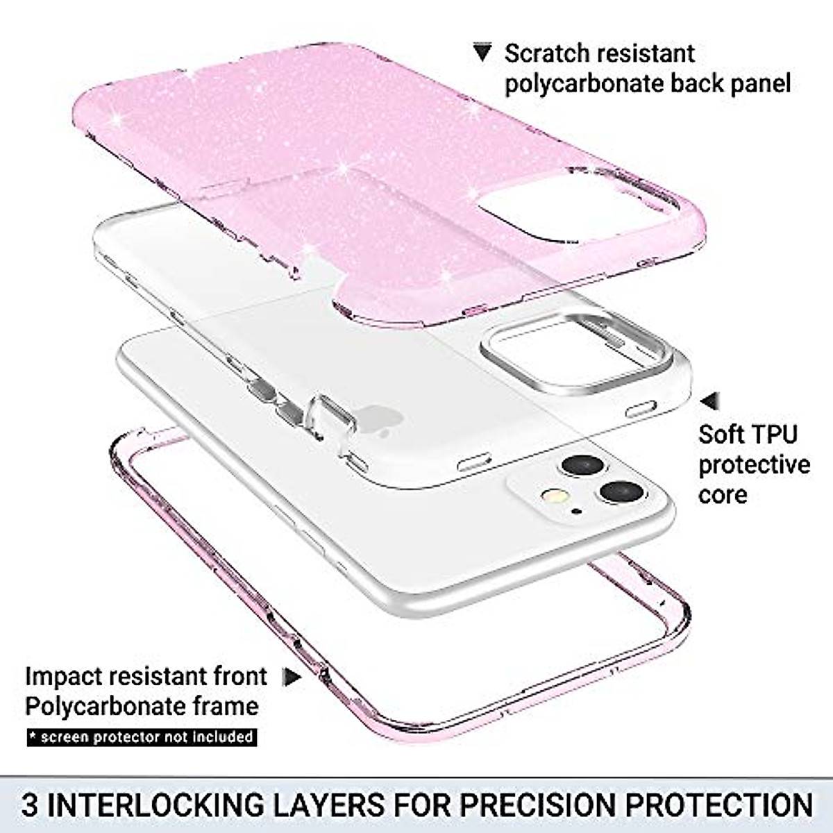 ULAK Compatible with iPhone 11 Case Clear Glitter, Hybrid 3 in 1 Shockproof Protective Phone Case Designed for Women Girls, Heavy Duty Bumper Cover for iPhone 11 6.1 inch, Pink Glitter