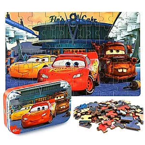 LELEMON Car Jigsaw Puzzles in a Metal Box 60 Pieces Lightning Jigsaw Puzzle for Kids Ages 4-8 Children Learning Educational Puzzles Toys