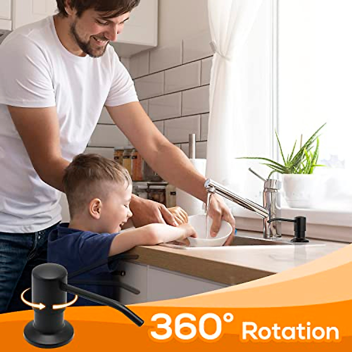 Built in Soap Dispenser for Kitchen Sink Matte Black Soap Dispenser Pump Stainless Steel Pump Head, Counter Soap Dispenser Refill from The Top with 17 Ounce PE Bottle