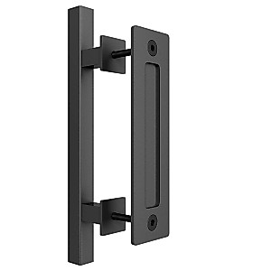 SMARTSTANDARD 10" Heavy Duty Sliding Barn Door Handle, Pull and Flush Set for Gate Kitchen Furniture Cabinet Closet Drawer, Black, Square