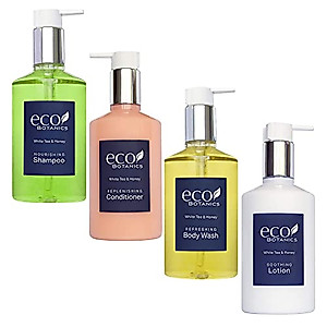 Eco Botanics Hotel Amenities Set | 10.14oz Pump Bottles | Shampoo, Conditioner, Hand & Body Wash, and Lotion | Set of 4