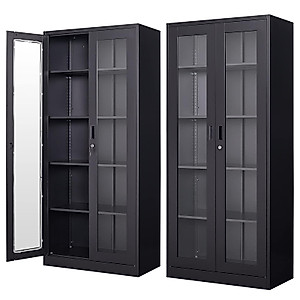 PEUKC Display Cabinet with Glass Doors, Curio Cabinets with 4 Adjustable Shelves, Locking Glass Cabinet Display Case for Home, Office, Clinic, Pantry, Assemble Required, Black