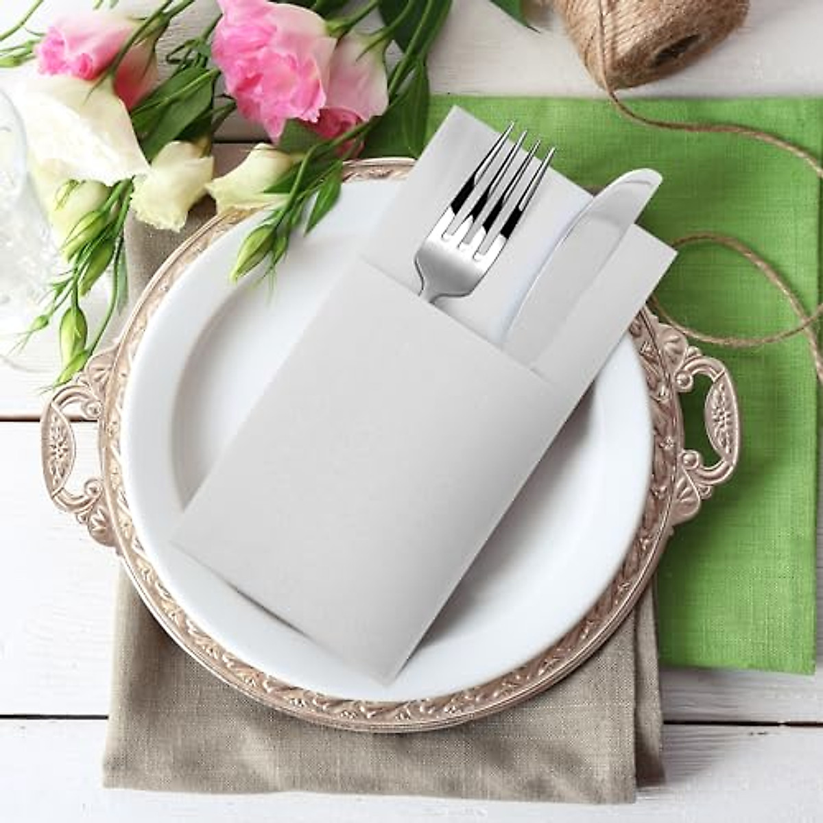 White Napkins Disposable Linen Feel, Prefolded Cloth Like Airlaid Paper Napkins with Built-in Flatware Pocket, Absorbent Napkins Disposable Guest Hand Towels for Wedding, Party, Festival, 50 Pack