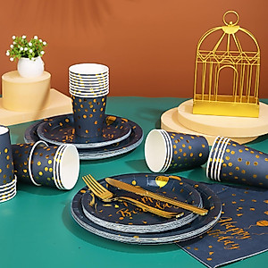 joy akkess 175 Pcs Blue Birthday Party Supplies - Blue Birthday Plates and Napkins Set Serves 25 - Blue and Gold Birthday Plates Napkins Cups Cutlery for Men Happy Birthday Party Decorations