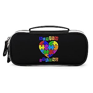 Autism Awareness Heart PU Leather Pen Pencil Bag Organizer Portable Makeup Carry Case Storage Handbag