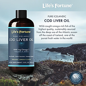 Life's Fortune Cod Liver Oil liquid Organic Lemon Flavor (8 Oz) 1,000 mg Omega + Vitamin A, E & D3 - Supports Immune Health - 100% Fish Oil Supplement from Wild Ocean Cod-GMO Free