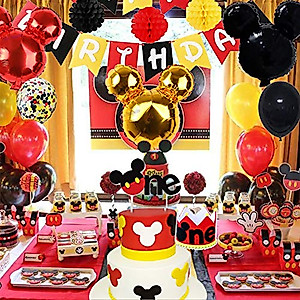 Mickey Mouse Party Supplies - Boys 1st Birthday Party Supplies Pack, Includes a Mickey Themed Birthday Banner, a Hand Made High Chair Banner, a Birthday Cake Topper, 15 Latex Balloons, 5 Confetti Baloons, 6 Tissue Balls, a Hand Made Cronw, a Welcome Sign,