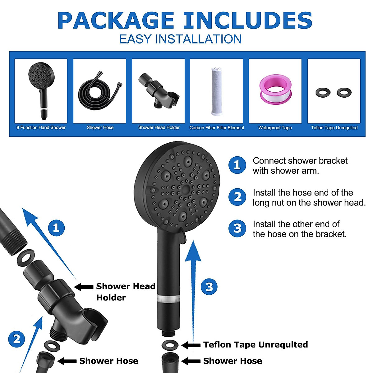 High Pressure Shower Head with Filters - 9 Spray Mode Shower Head with Filters, Shower Head Filter for Hard Water, Adjustable Bathroom Handheld Shower Head with Long Hose, Remove Chlorine