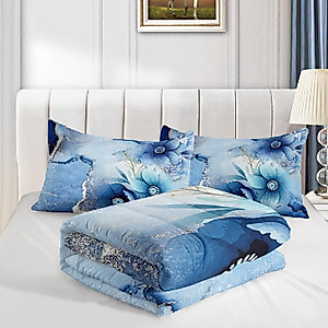 Nttopship Blue Marble Bedding Set Twin for Girls Boys Teens Blue Rose Comforter Set Silver Foil Quilt Comforter Kids Space Marble Room Decor 1 Comforter+2 Pillowcase