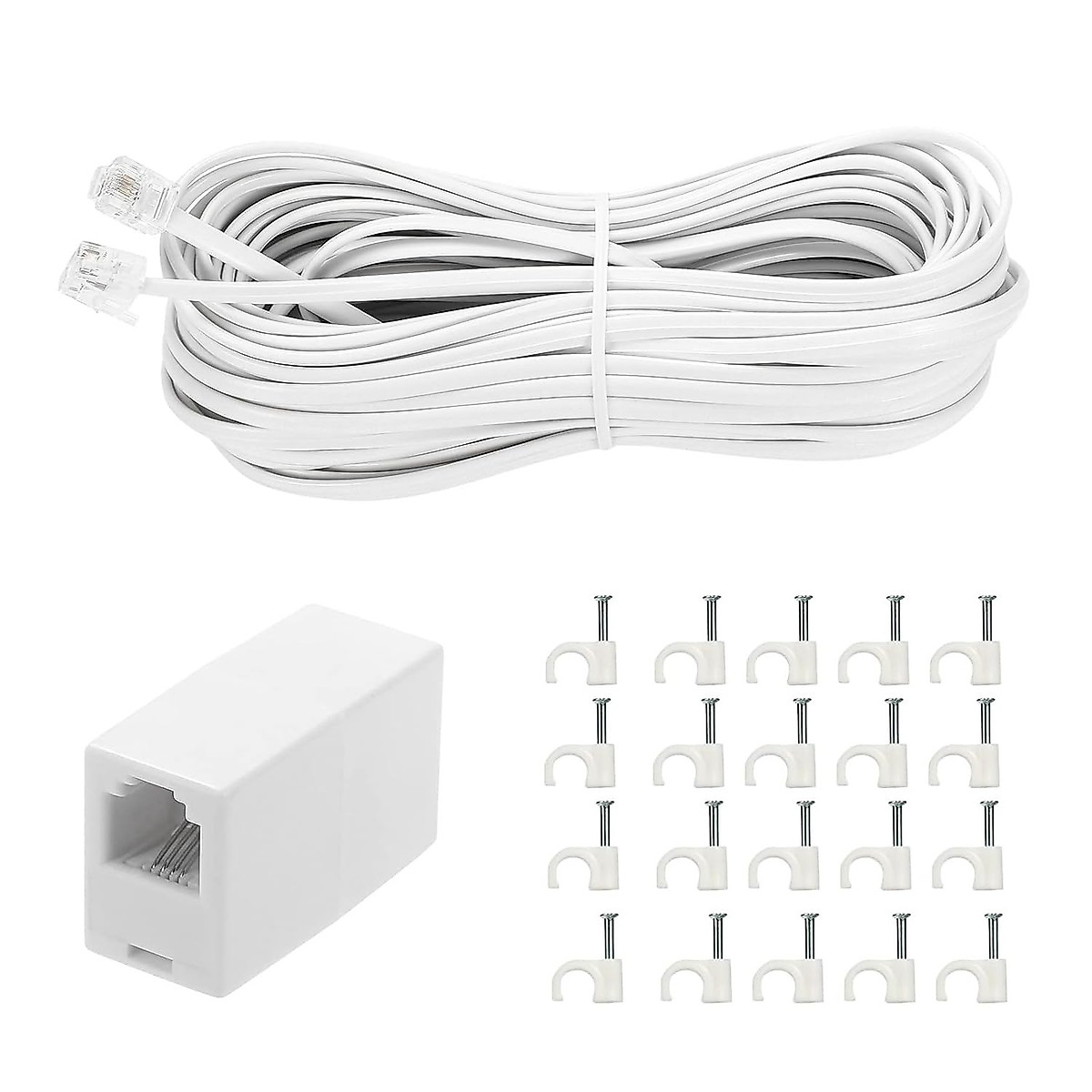 Vthahaby 50 Feet Long Telephone Extension Cord Phone Cable Line Wire, with Standard RJ11 Plug and 1 in-Line Couplers and 15 Cable Clip Holders-White (White 15M)