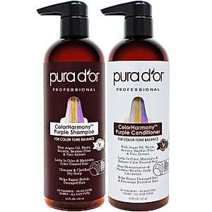 PURA D'OR Purple Shampoo & Conditioner (16oz x 2) ColorHarmony Biotin Set For Bleached, Blonde, Silver & Color Treated Hair - Keratin, Bamboo Fiber, No Sulfates - Men & Women