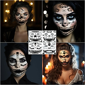 Enyacos 7pcs Scary Halloween Face Temporary Tattoos For Women Men,Skeleton Mouth Tattoo,Halloween Makeup Adults, 3d Spider Web Face Tattoo Sticker,Fake Cuts Halloween Decor Party Supplies (A)