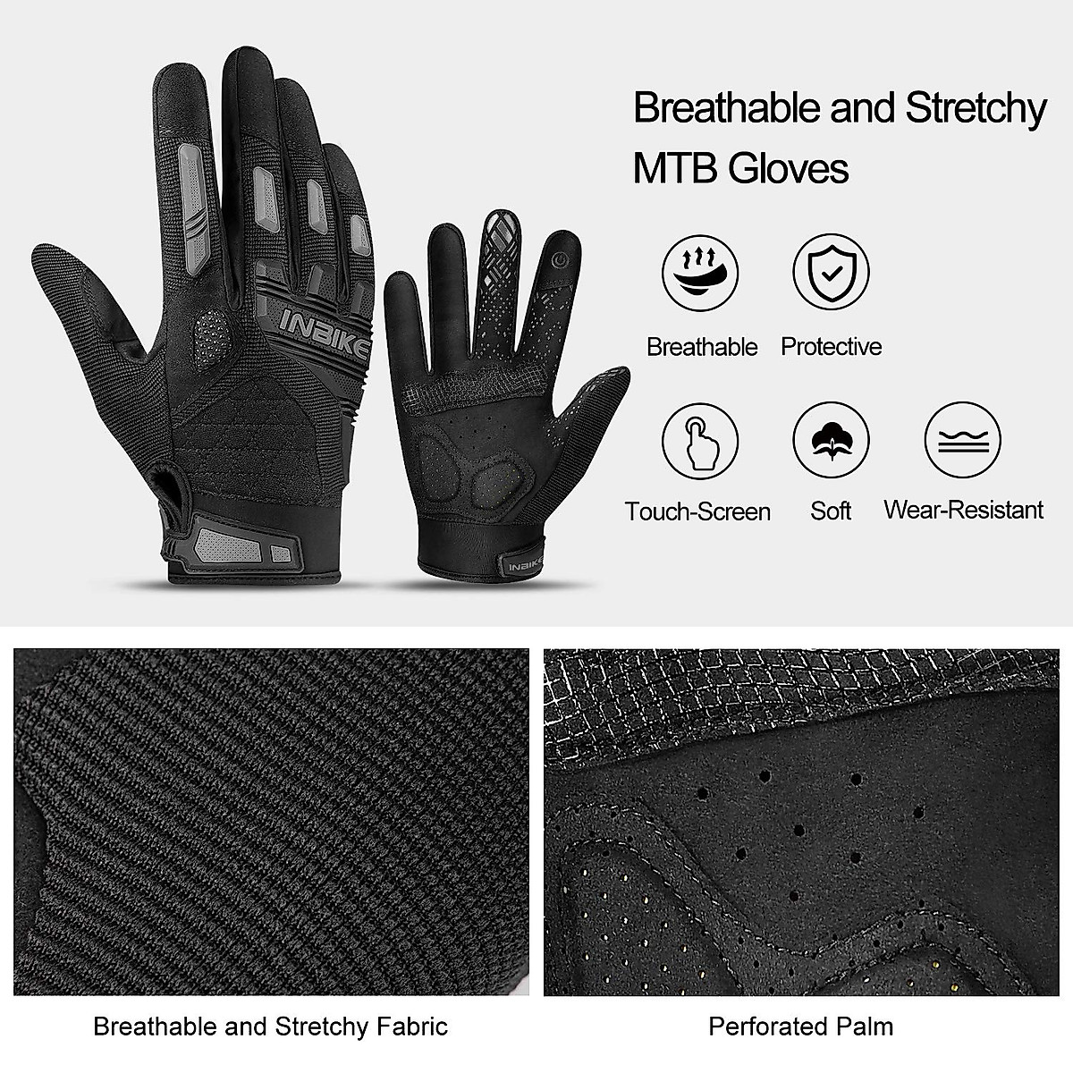 INBIKE MTB Mountain Bike Gloves Touchscreen with Thicken EVA Padded & TPR Knuckle Protection for BMX MX ATV Motorcycle (Medium, Grey)