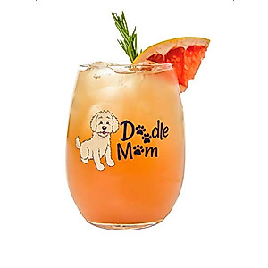 Drinking Divas - Doodle Mom - Stemless Wine Glass - Funny Gifts for Women, Mom, Best Friend, Sister, Girlfriend, Wife, Boss and Cute Dog Lovers - Unique Mother's Day, Birthday and Christmas Gift
