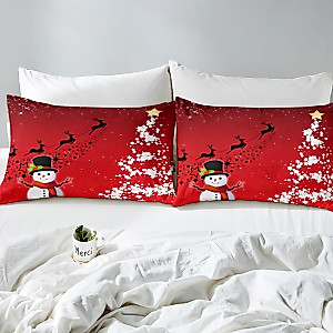 Christmas Tree Bed Sheets Full Size for Girls & Boys - Merry Christmas Fitted Sheet with Snowman & Elk Design - Happy New Year & Xmas Bedding Set - Red