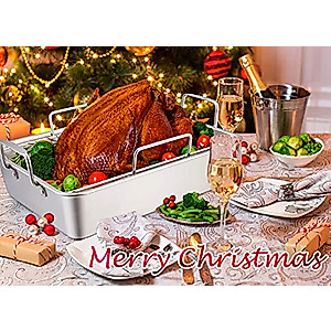 TeamFar Roasting Pan with Rack, 14 Inch Stainless Steel Turkey Roaster Lasagna Pan with V-Shaped Rack & Cooling Rack, Healthy & Durable, Brushed Surface & Dishwasher Safe, Rectangular - Set of 3