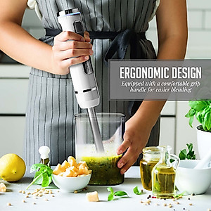 OVENTE Electric Cordless Immersion Hand Blender 200 Watt 8-Mixing Speed with Stainless Steel Blades, Heavy-Duty Portable & Rechargeable Perfect for Smoothies, Puree Baby Food & Soup, White HR781W