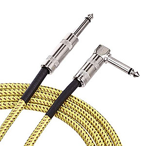 Amazon Basics TS 1/4 Inch Tweed Cloth Jacket Right-Angle Instrument Cable for Electric Guitar, 10 Foot, Yellow & Brown