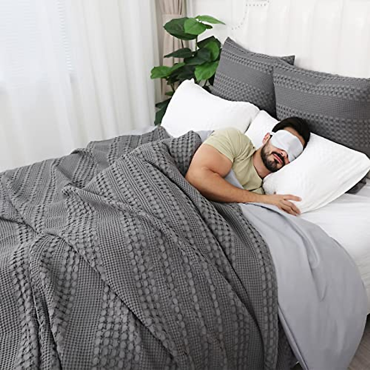 PHF 100% Cotton Waffle Weave Blanket King Size - Washed Soft Lightweight Blanket for All Season - Breathable and Skin-Friendly Blanket for Couch Bed Sofa 108"x90" - Dark Grey