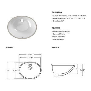 ARIEL 16" x 19.63" Oval Undermount Bathroom Sink Vanity In White, Durable Ceramic Constuction, Space-Saving, Overflow-Proof, Modern Design