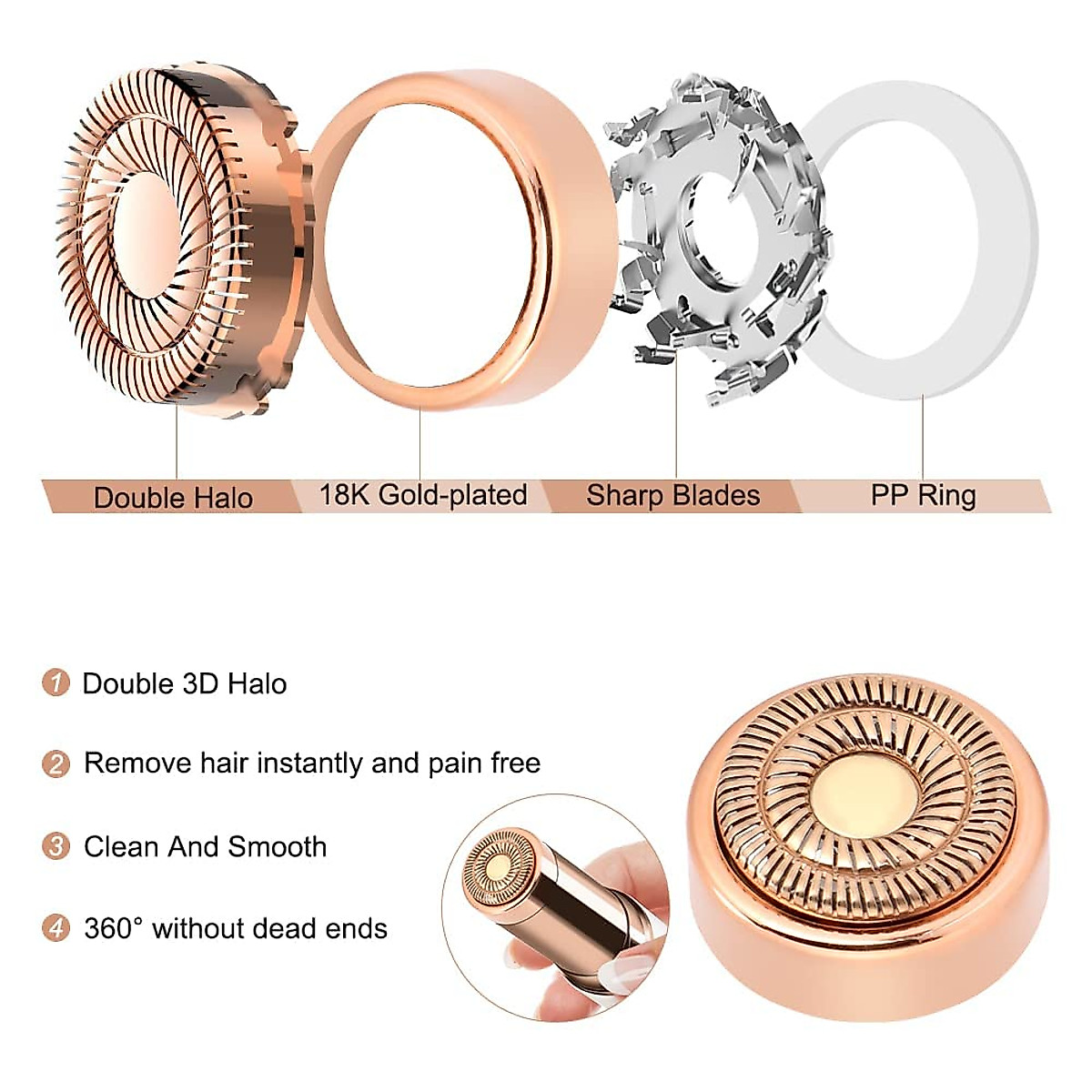 Facial Hair Remover Replacement Heads Generation 2, Double Halo Replacement Heads for Finishing Touch Facial Hair Removal for Women, 18K Gold-Plated Replacement Heads for Facial Hair Remover (6 PCS)