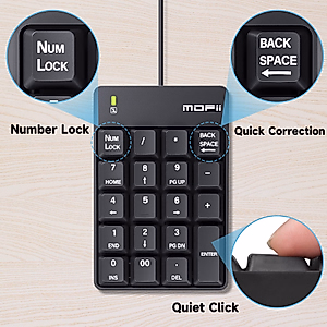 MOFII Wired Number Pad Numeric Keypad Silent 19 Keys USB Numpad, Portable Financial Accounting Keyboard 10 Key for Laptop/Computer/PC/Notebook/Surface Pro - Black