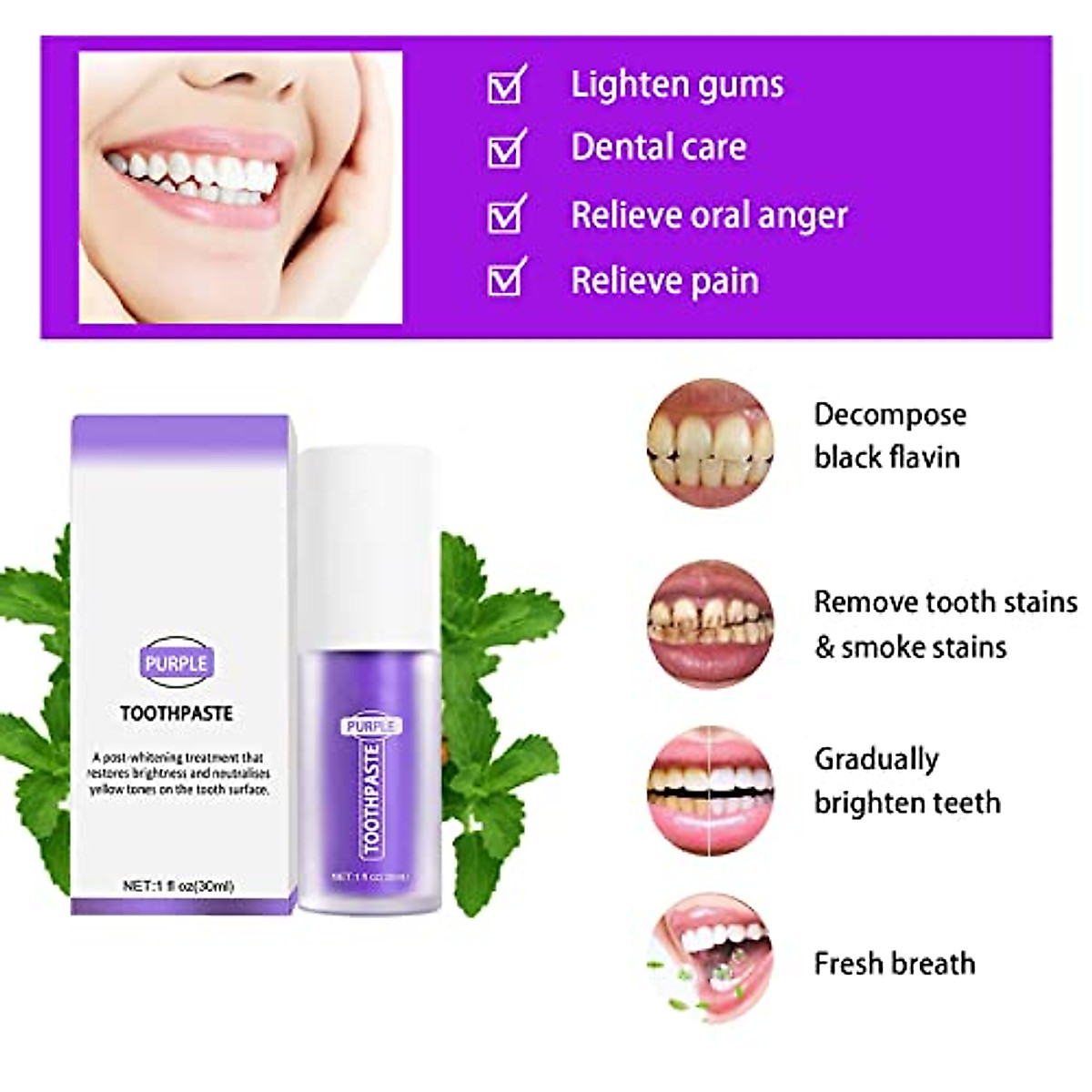 OETNAISAN Purple Toothpaste for Teeth Whitening, Toothpaste Against Sensitive Teeth and Gum Repair, Gum Health.Purple Toothpaste Whitening Foam Stain Removal Coffee, Smoking, Yellow Teeth