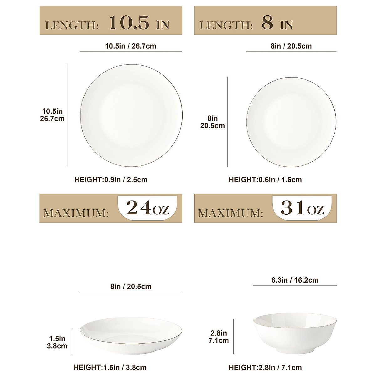 MALACASA Dinnerware Sets for 8, 32 Piece Fine Bone China Dinnerware Set with Golden Rim, Lightweight Round Dinner Set with Dishes, Plates and Bowls Sets, Modern Kitchen Dish Set, Series NORI