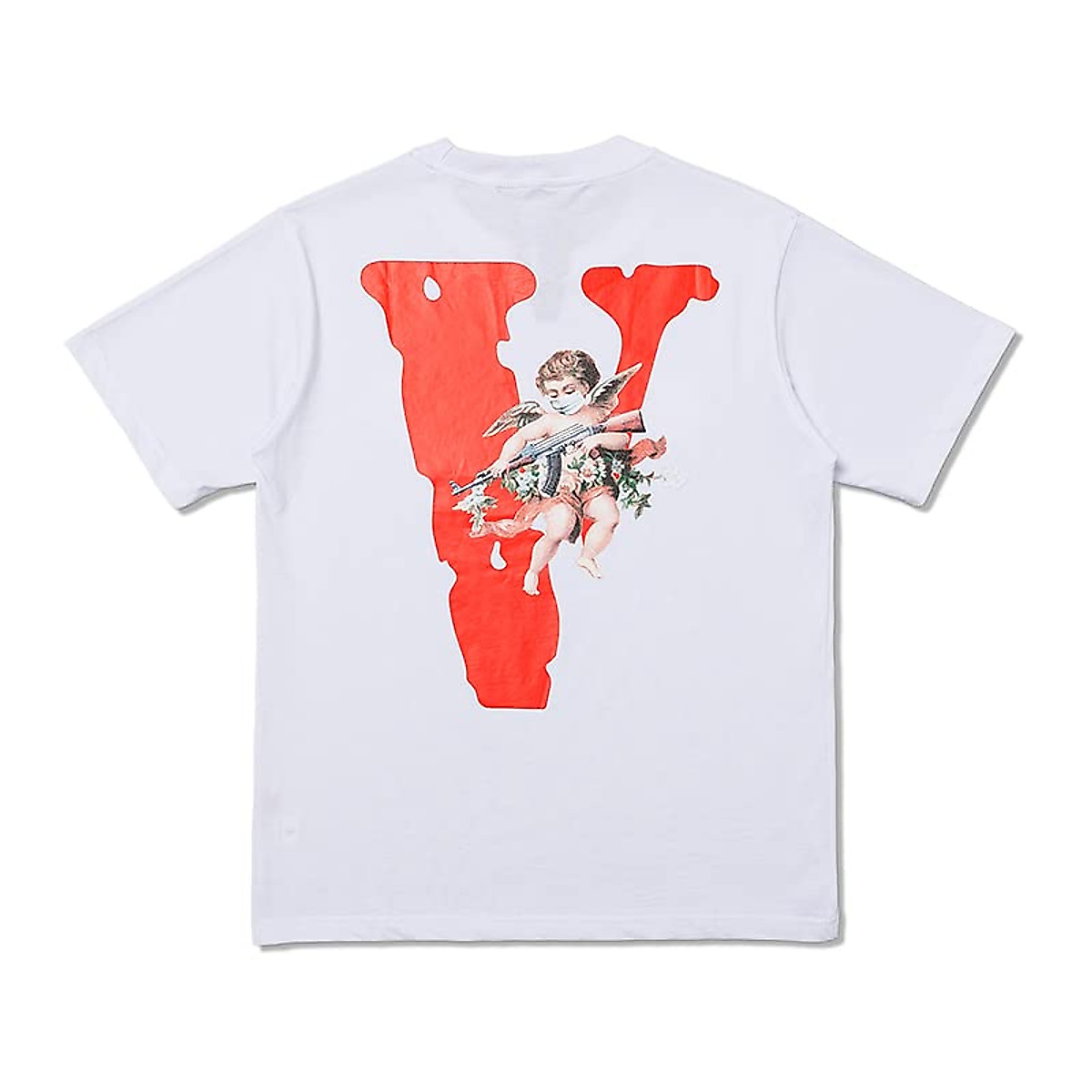 DASWASDUA Men's V-Lone Friends Cupid Gun T-Shirt Hip Hop Big V Letter Print Cotton Fashion Loose Couple Crew Top Whte M