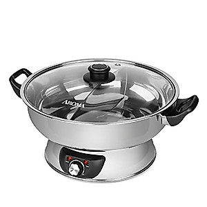 Aroma Housewares ASP-610 Dual-Sided Shabu Hot Pot, 5Qt, Stainless Steel Aroma Housewares 3 Uncooked/6 Cups Cooked Rice Cooker, Steamer, Multicooker, 2-6 cups, Black