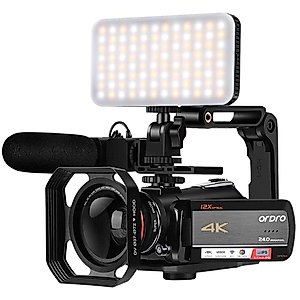 ORDRO 4K Video Camera Camcorder AC5 UHD Camcorder with 12x Optical Zoom 3.1" IPS HD 1080P 60FPS Digital WiFi Vlog Camera Camcorder with Microphone, Video Light, Wide Angle Lens and 64G SD Card