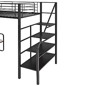 KTATK Twin Size Metal Loft Bed with Built-in Desk & Shelves,Bedroom Multifunction Bed Frame W/Full-Length Guardrails & Ladder,Easy Assembly,for Kid Adult Boy Girl Teen,Black