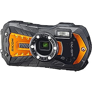Ricoh WG-70 Waterproof Digital Camera (Orange) + 64GB Extreme Pro SD Card + Small Case + Selfie Stick + Memory Card Wallet + SD Card Reader + 6Ave Cleaning Kit