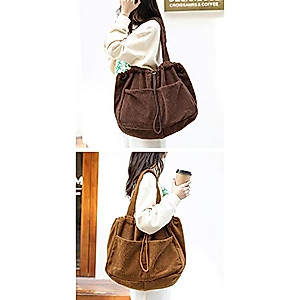 Ulisty Women Large Capacity Corduroy Drawstring Tote Bag Pockets Shoulder Bag Casual Handbag Hobo Bag Shopping Bag red